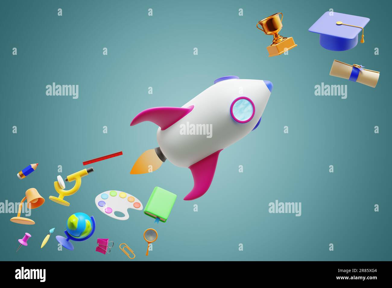 Back to school Rocket cartoon and educational items. 3d rendering Stock ...