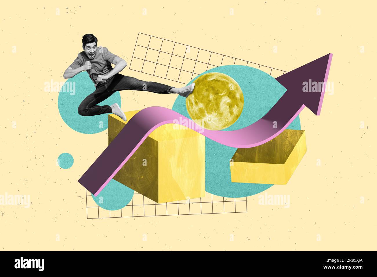 Artwork 3d collage poster image of crazy positive man jump up leg kick ...