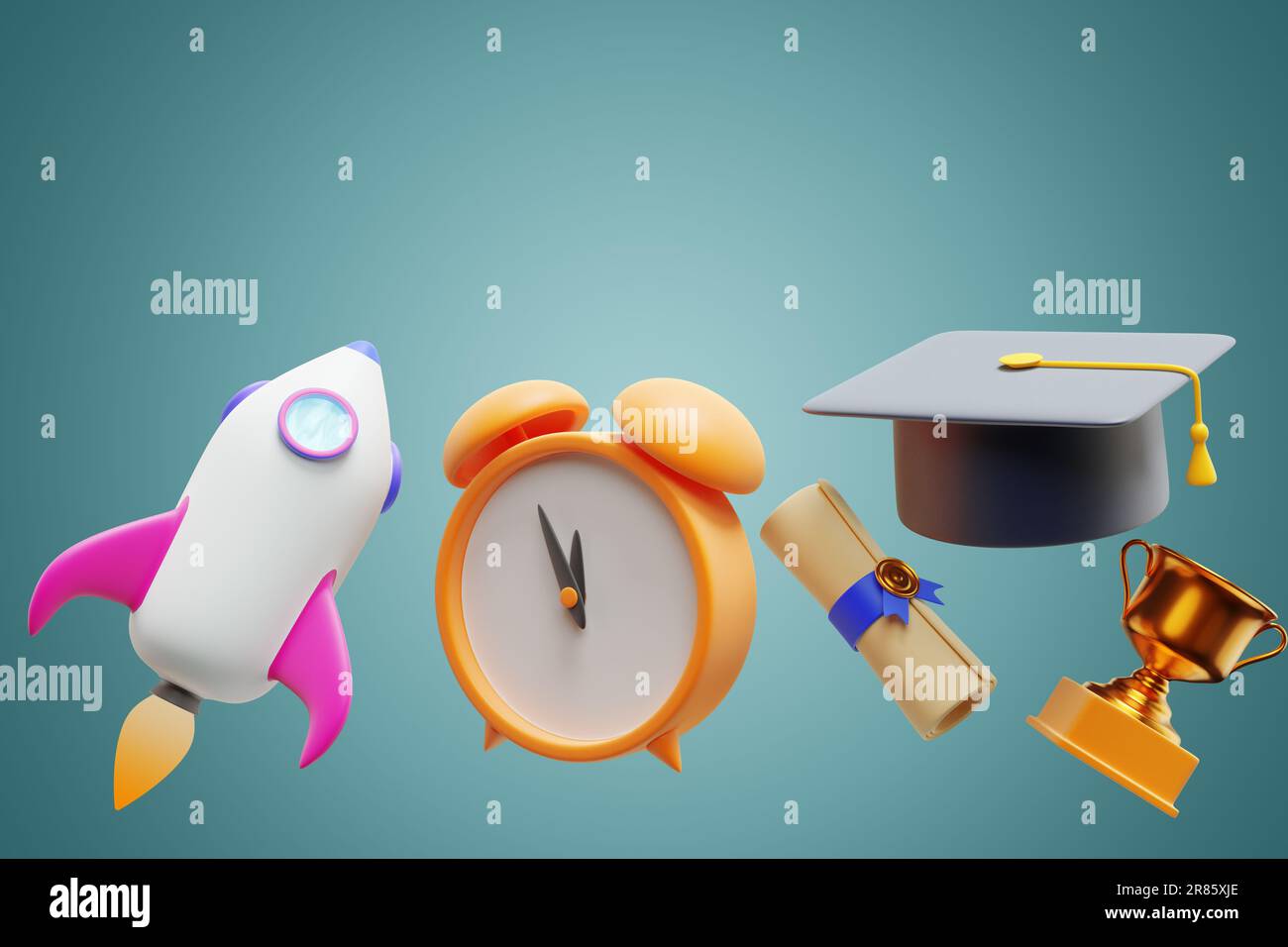 Back to school. Rocket alarm clock and graduation academic cap. 3d ...