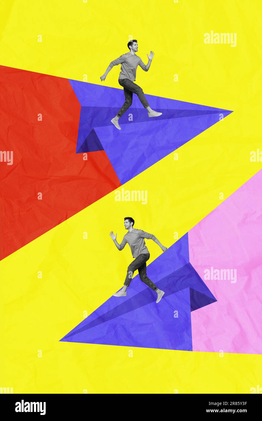 Vertical collage advert travel agency of young guys running hurry paper ...