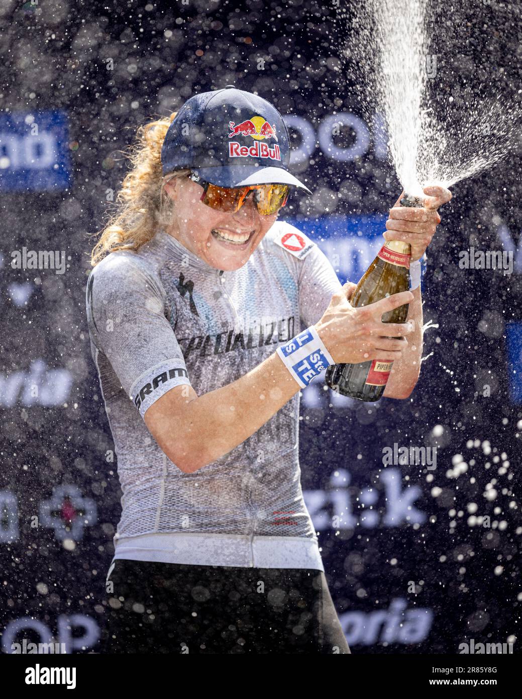 Austrian biker Laura Stigger celebrates her third place in the UCI ...
