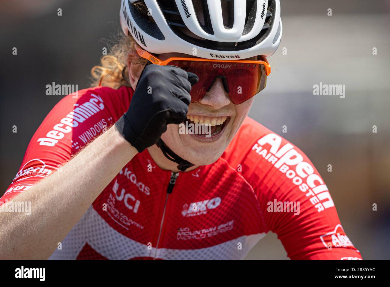 Dutch biker Puck Pieterse gestures as she won the UCI Mountain Bike ...