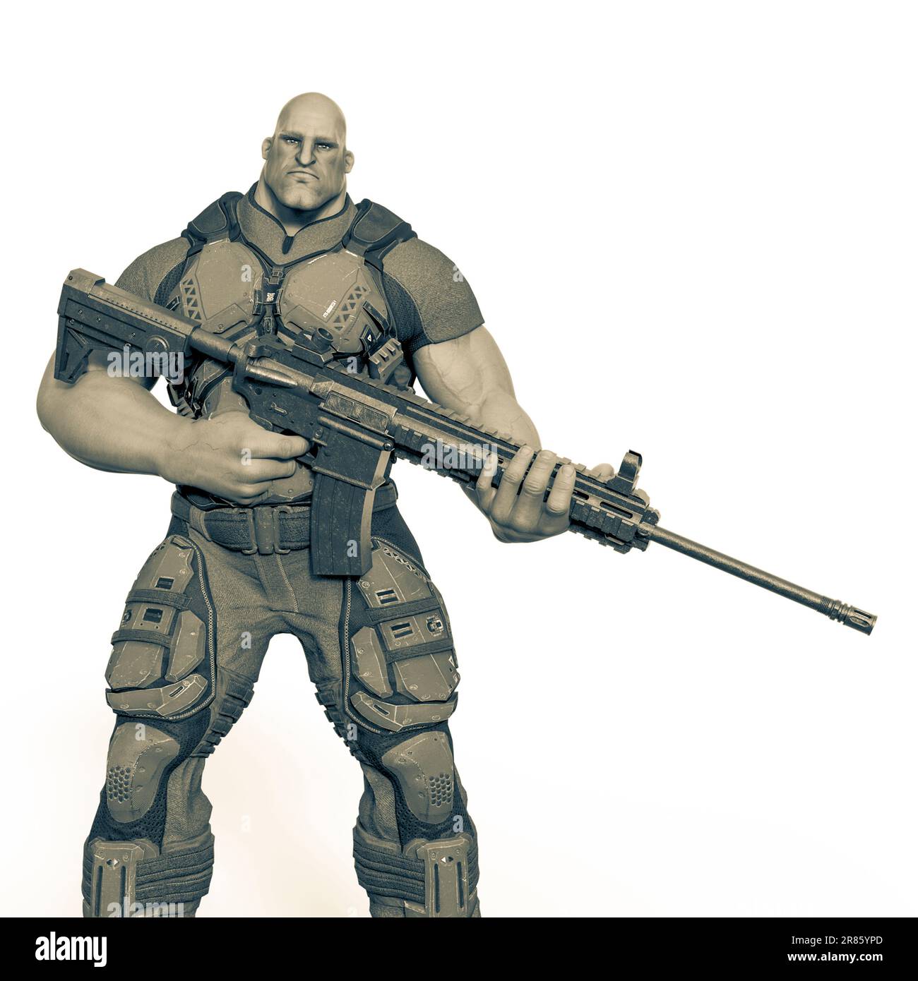 super soldier is holding a rifle and is ready for taking action, 3d ...