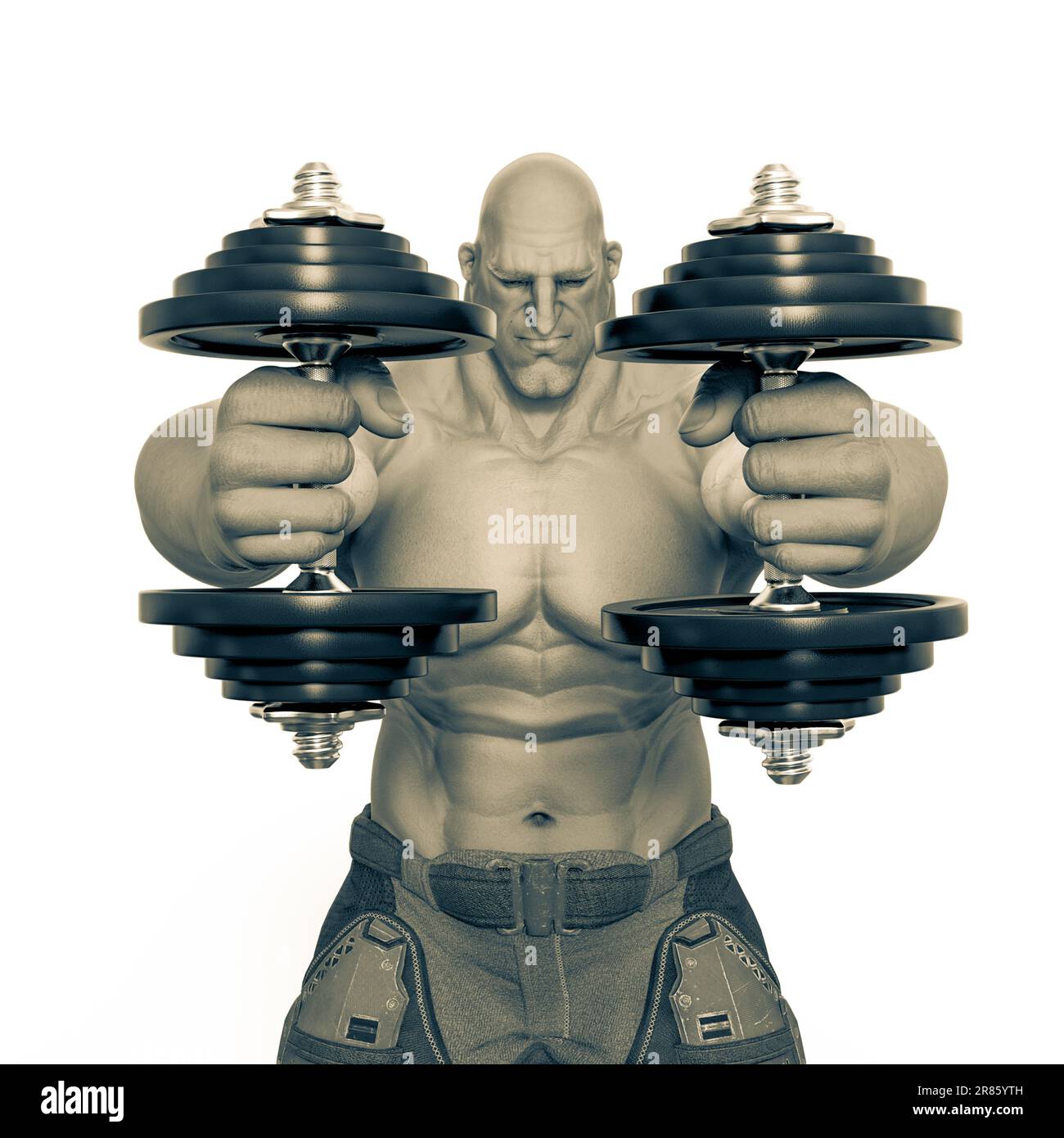 super soldier holding weights doing workout front view, 3d illustration ...