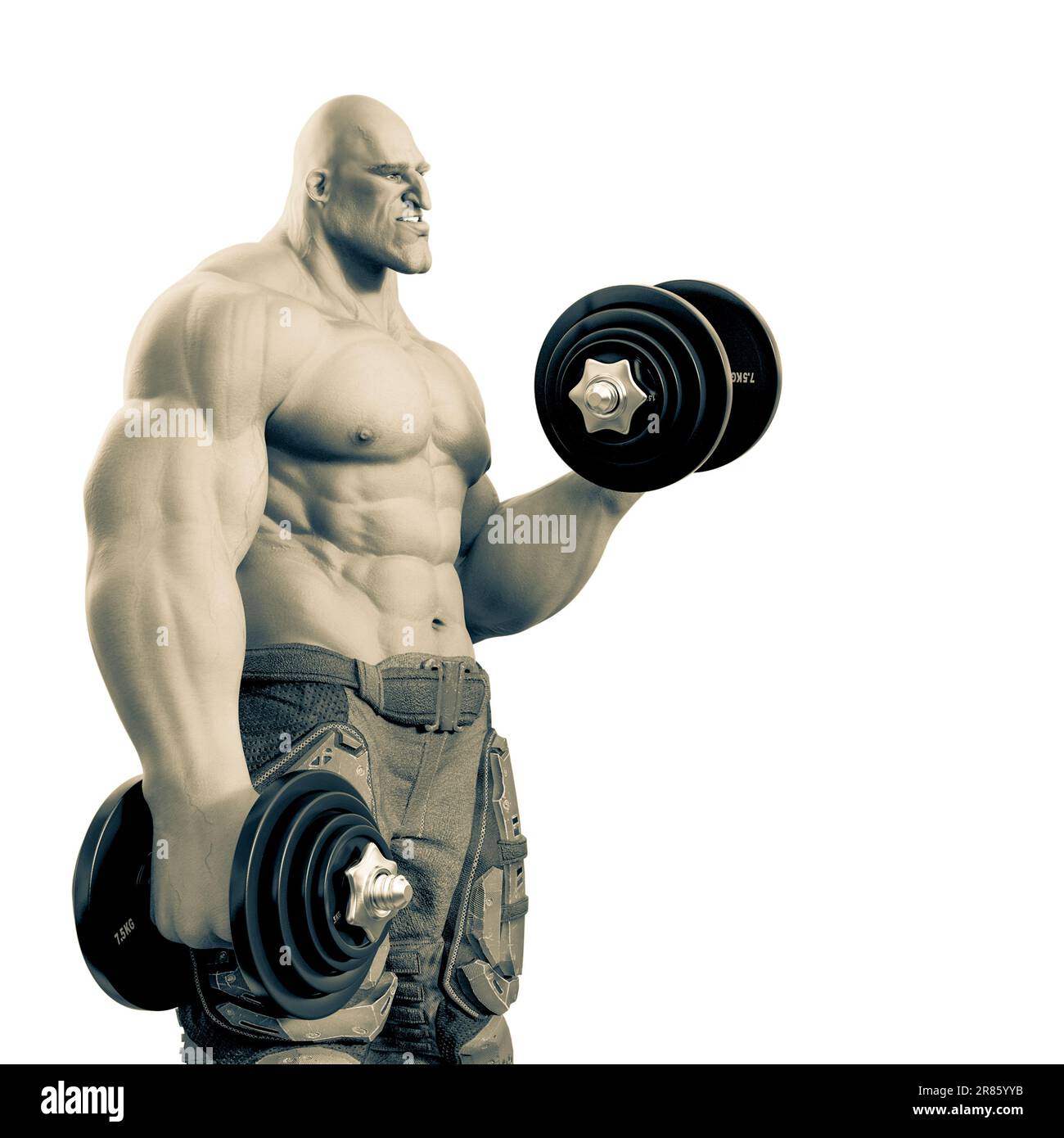 super soldier is working out with weight side view copy, 3d ...