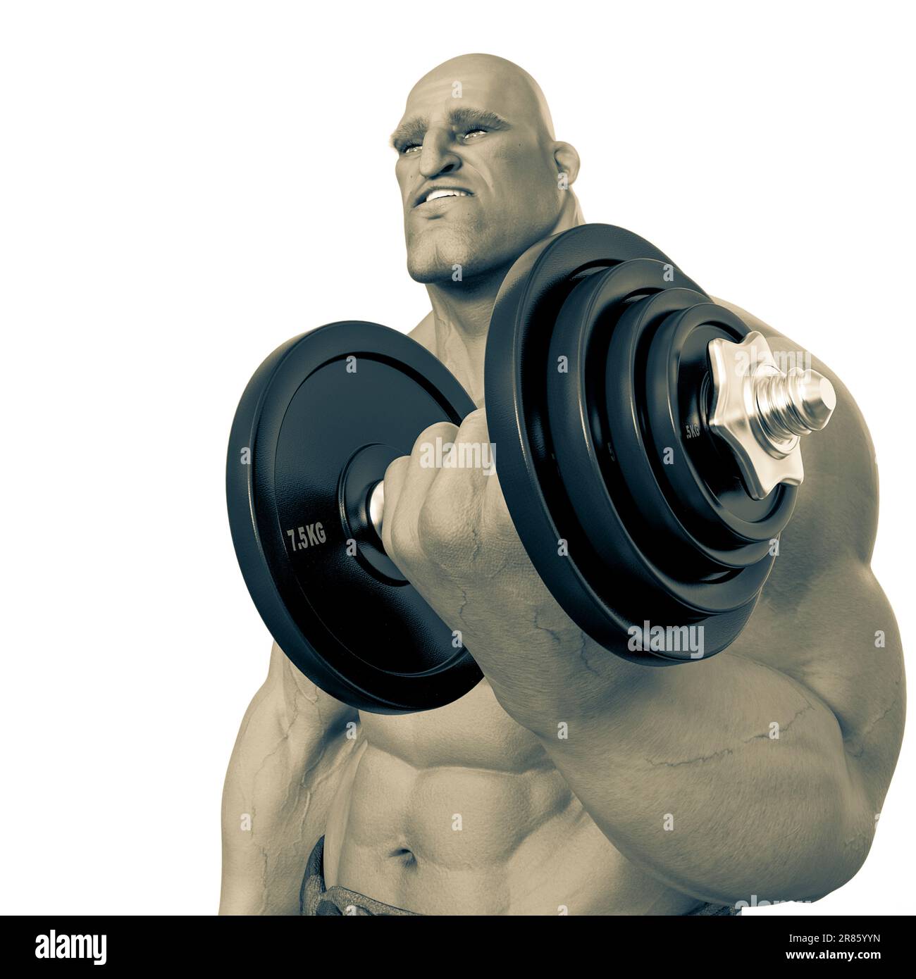 super soldier is working out with weight close up view, 3d illustration ...