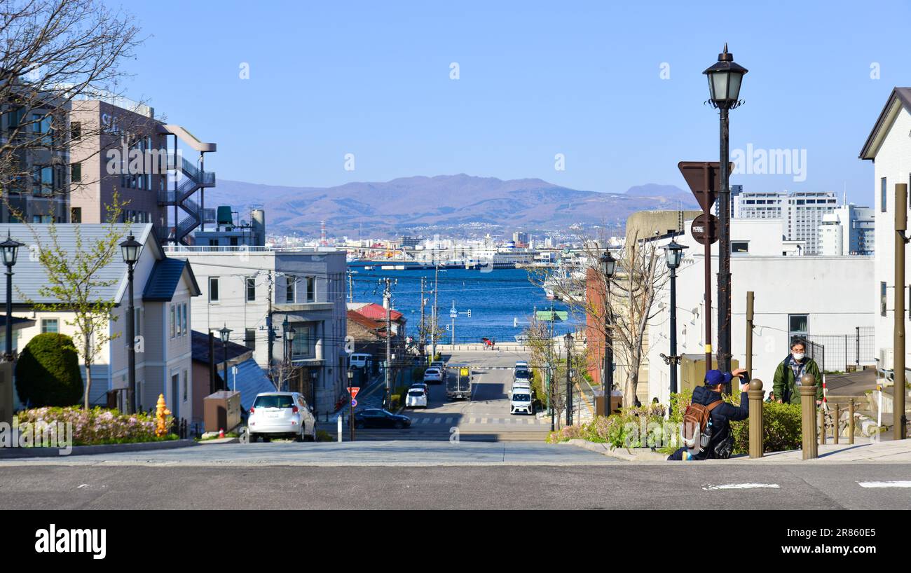 Hakodate, Japan - Apr 27, 2023. The famous road looking down from the ...