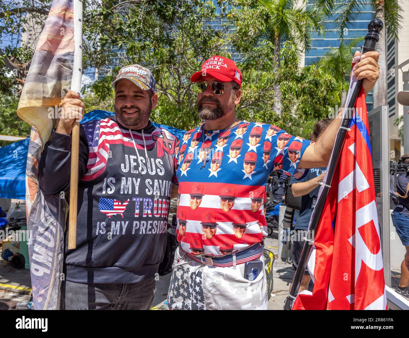 MIAMI, Fla. – June 13, 2023: Demonstrators are seen near a Miami ...