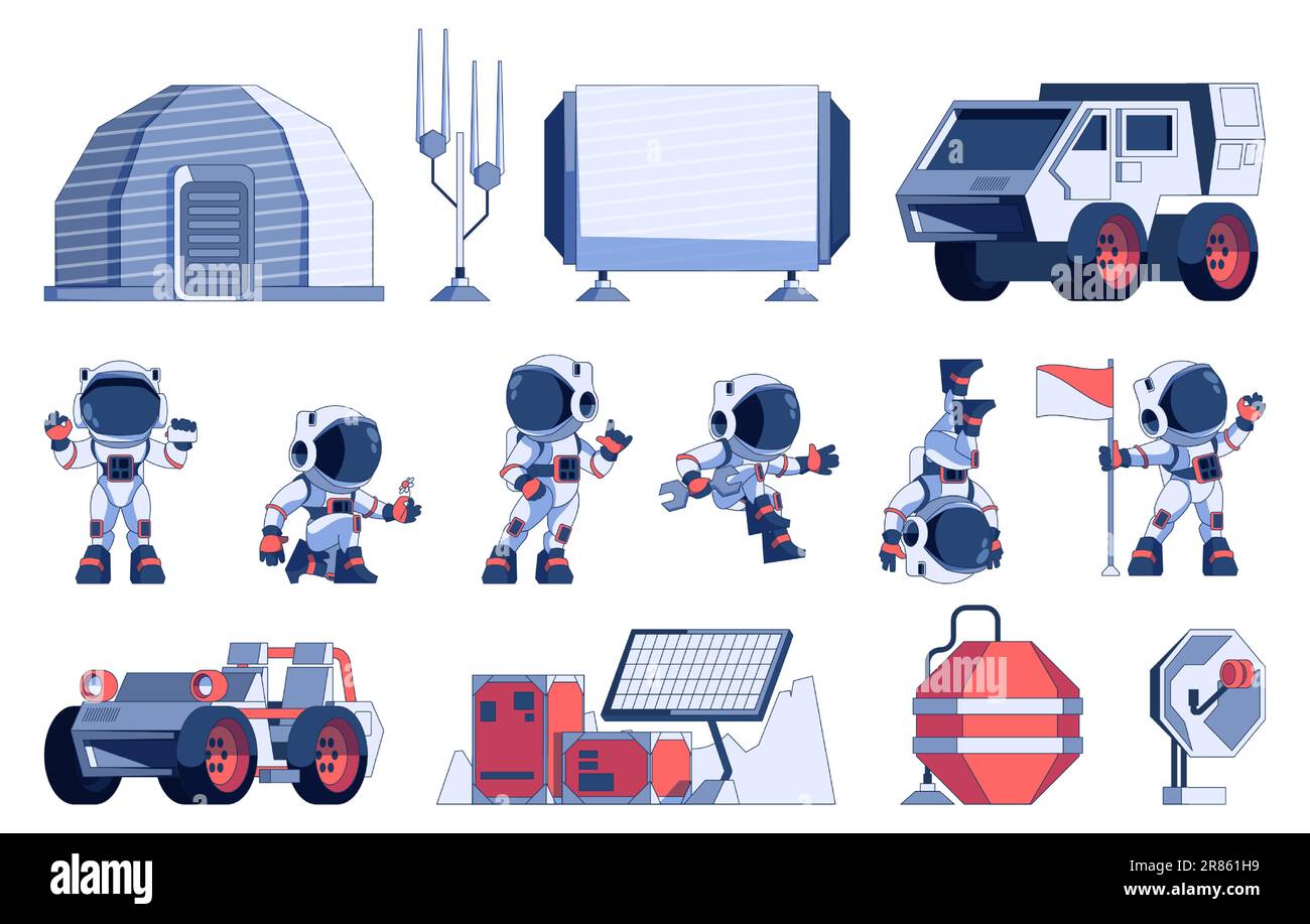Astronaut and rover collection. Cartoon space exploration machines ...