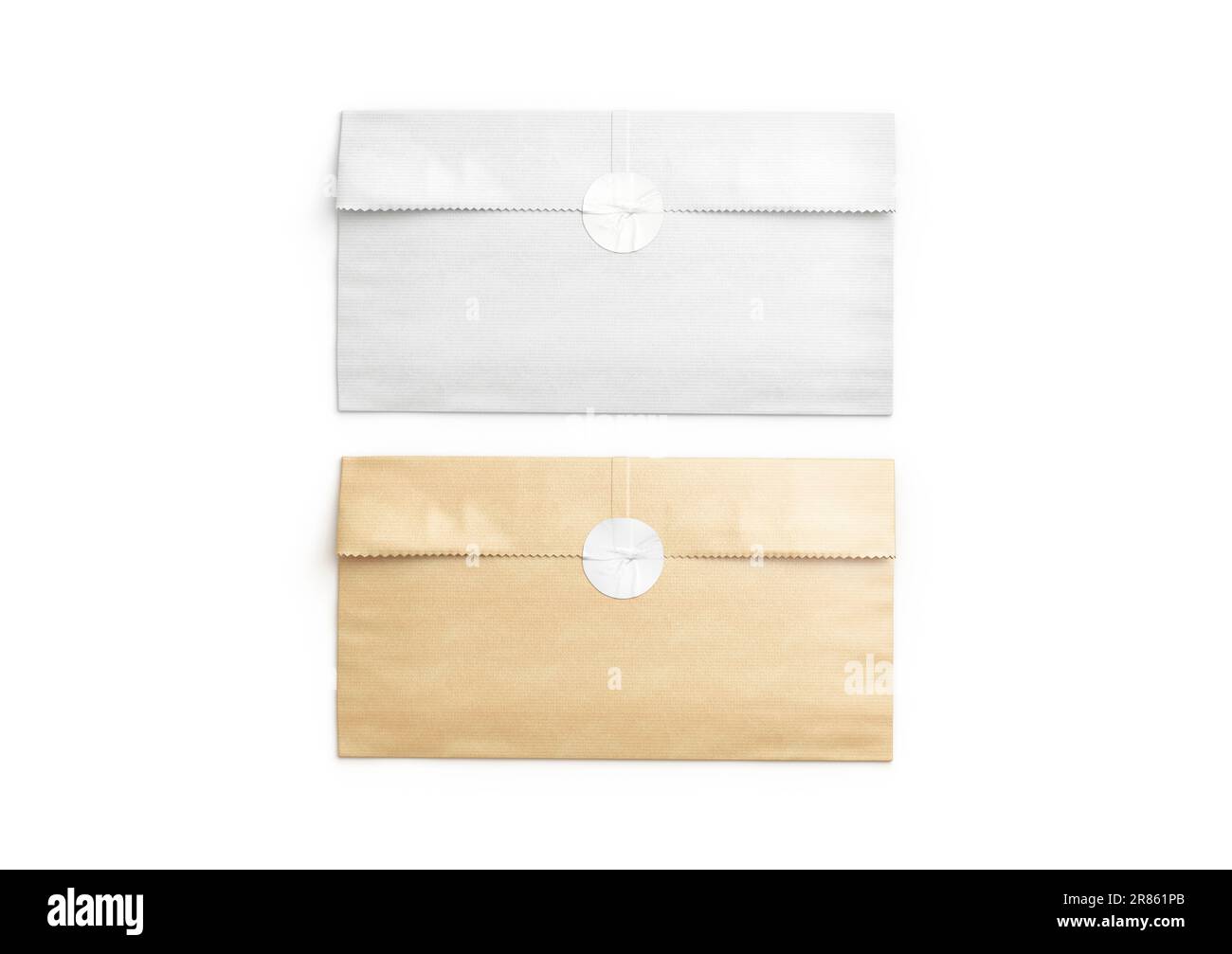 Blank white and craft rectangle paper bag with sticker mockup, 3d ...