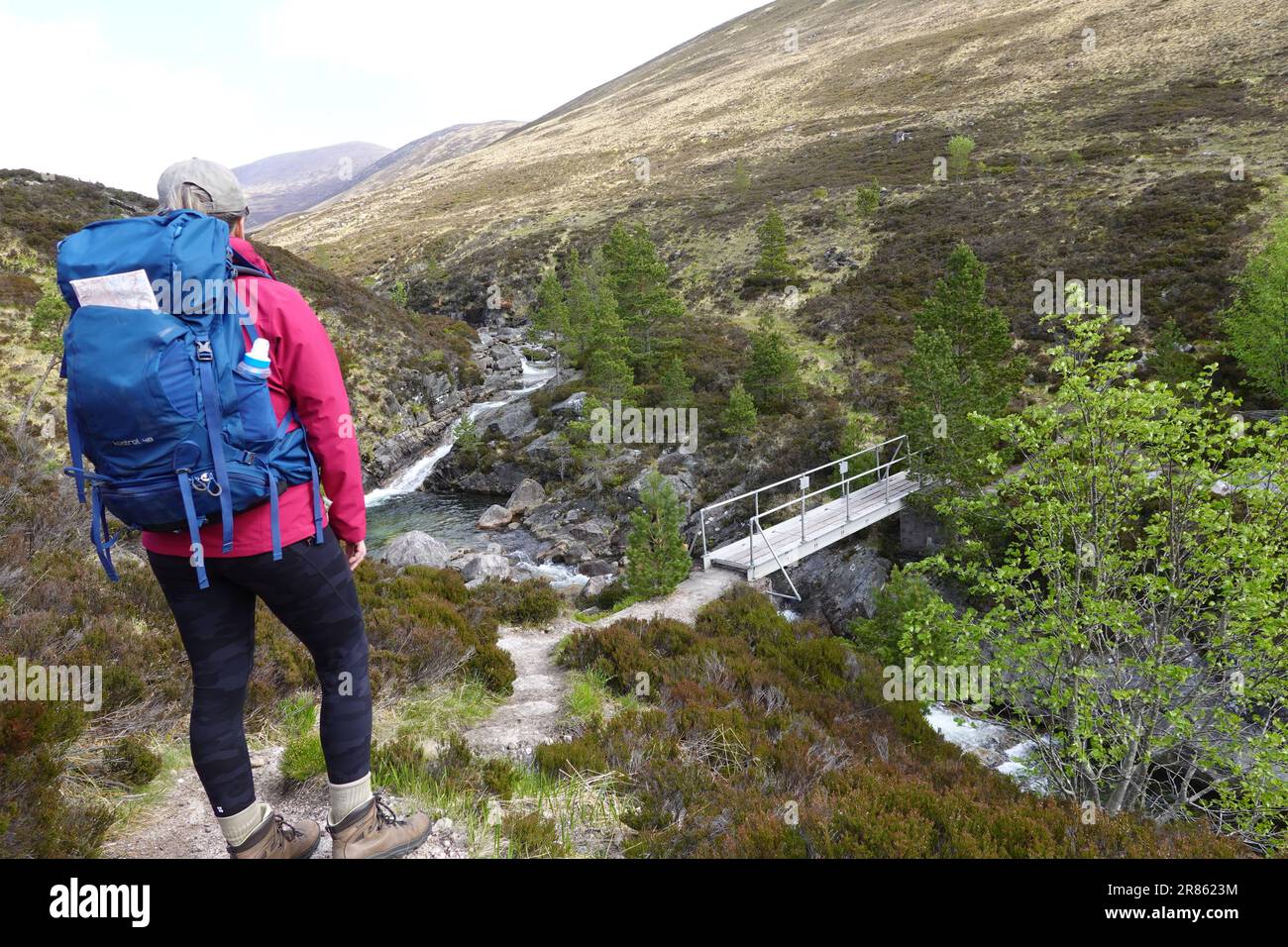 Female walker looking down at Luibeg Bridge over Luibeg Burn in ...
