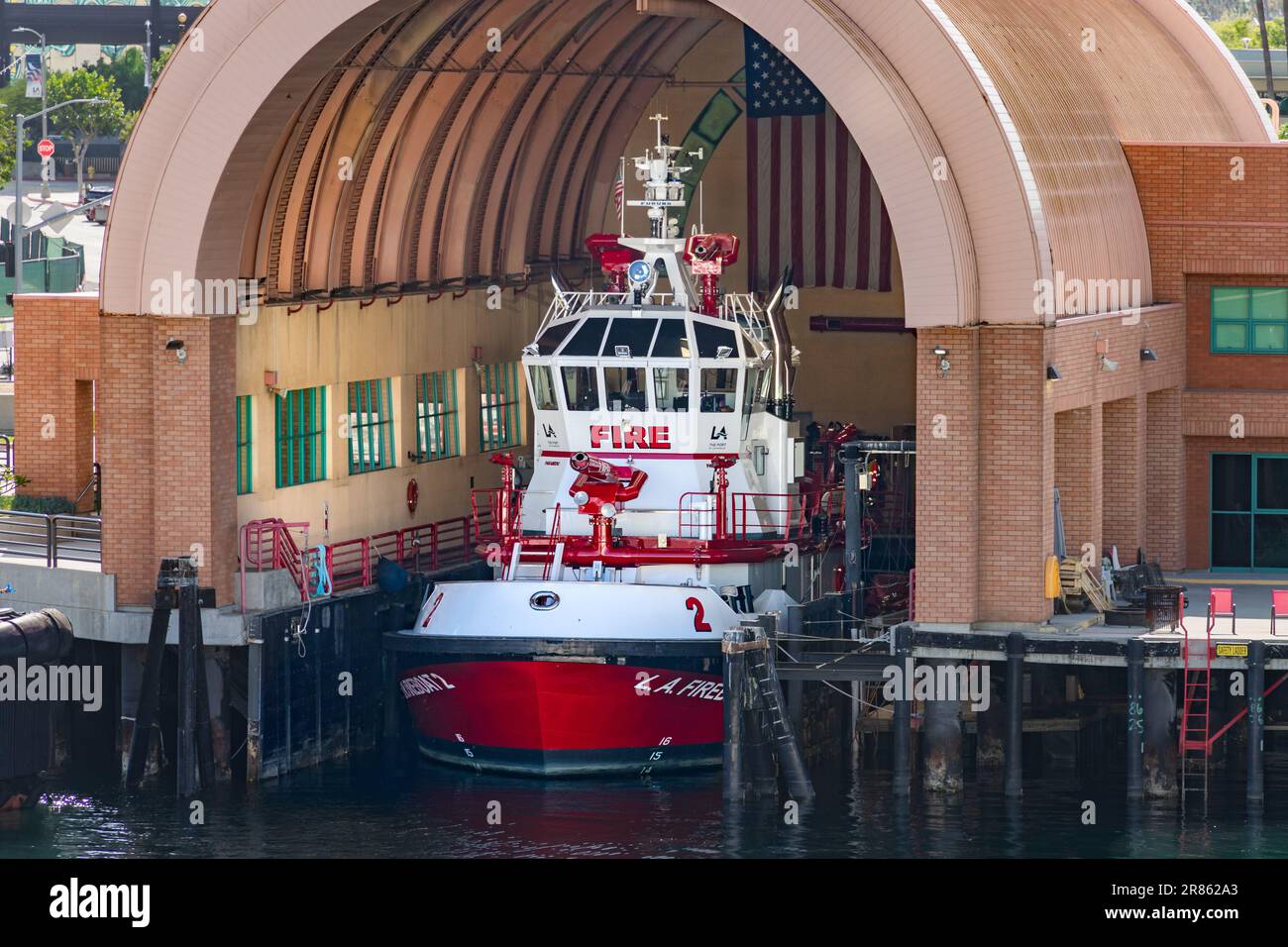 San Pedro, CA, USA – June 2, 2023: Docked in a arched building is Los ...