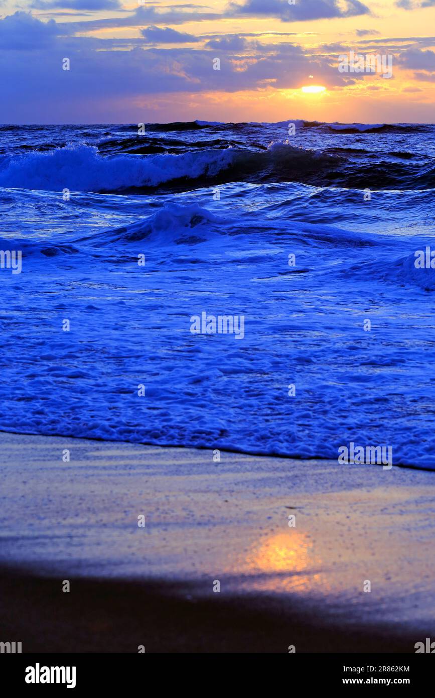 Sunset over the Atlantic Ocean, Uhabia Beach. Bidard, Pyrenees ...