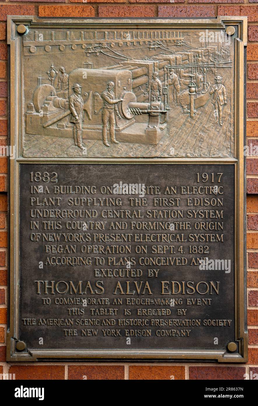 Plaque at the site of the Edison electric illuminating company's Pearl ...