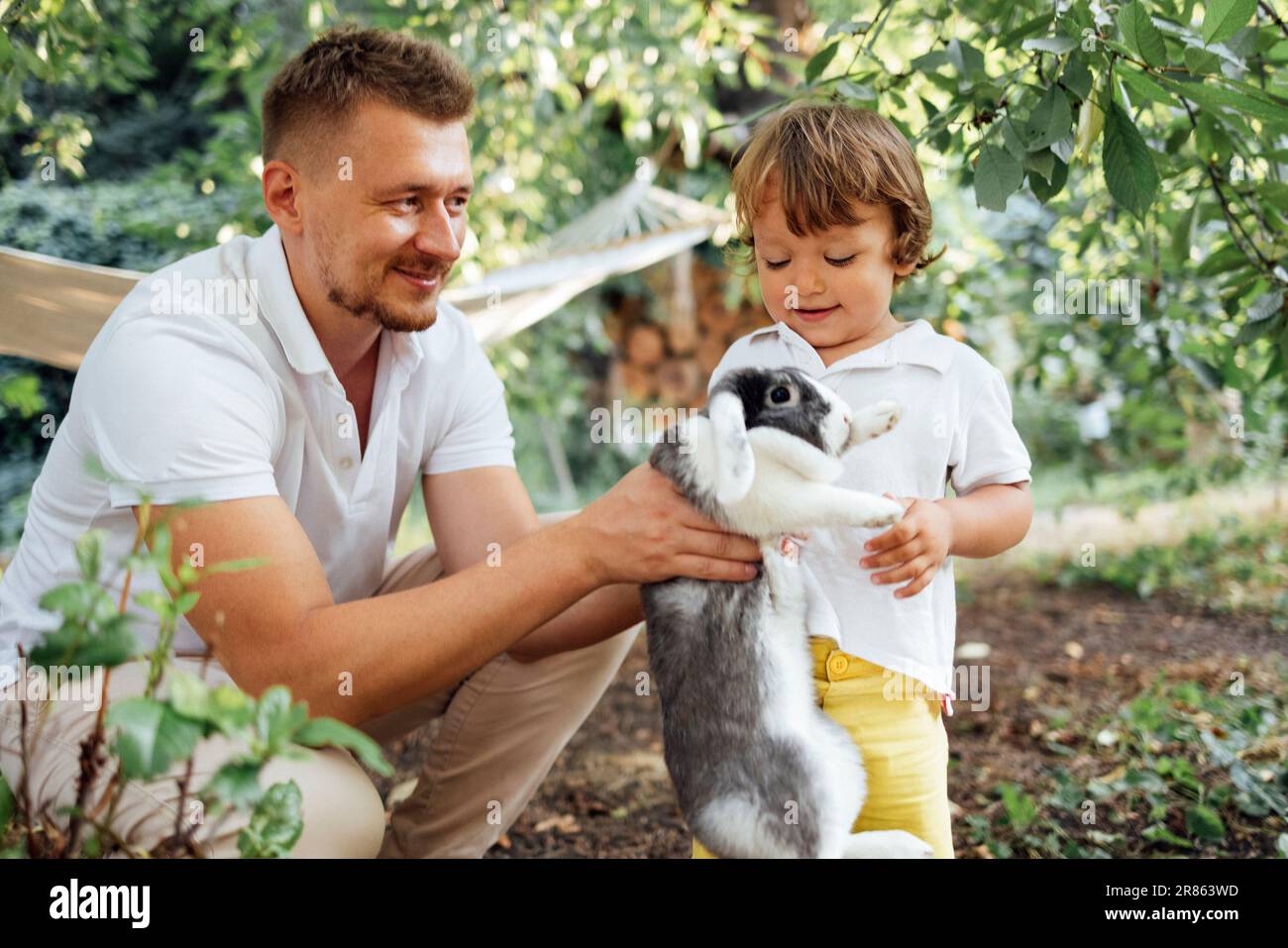 A young man smiles and holds a cute dwarf rabbit in his hands outdoors ...