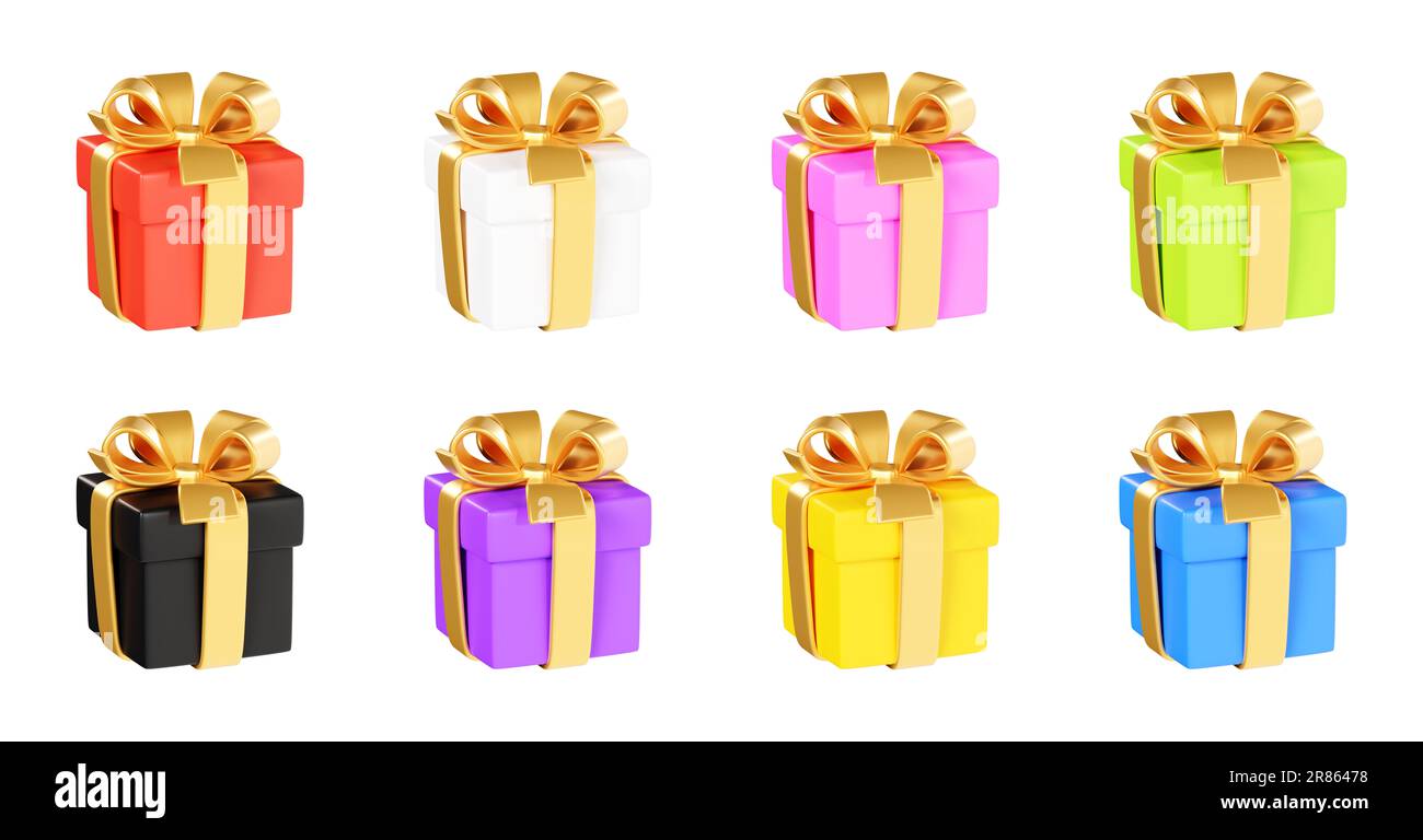 Gift box with golden ribbon and bow 3d illustration set - closed ...