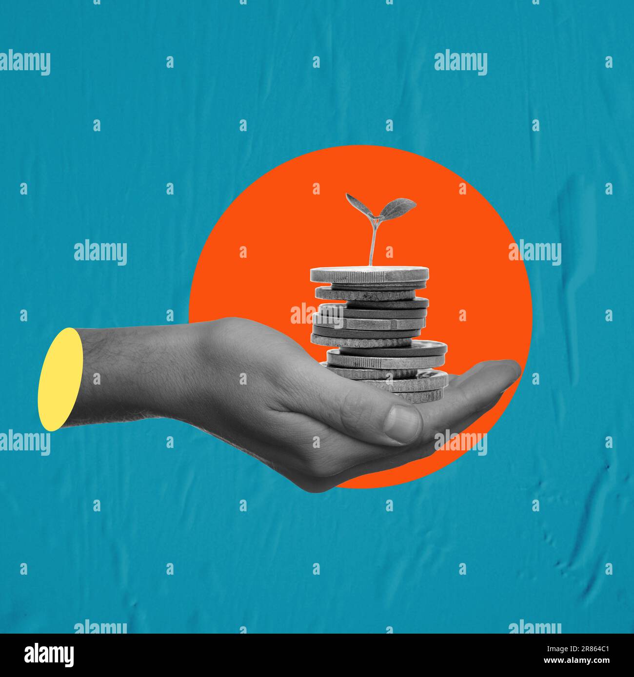 Art collage, hand with coins on a blue, wet paper background. Concept ...