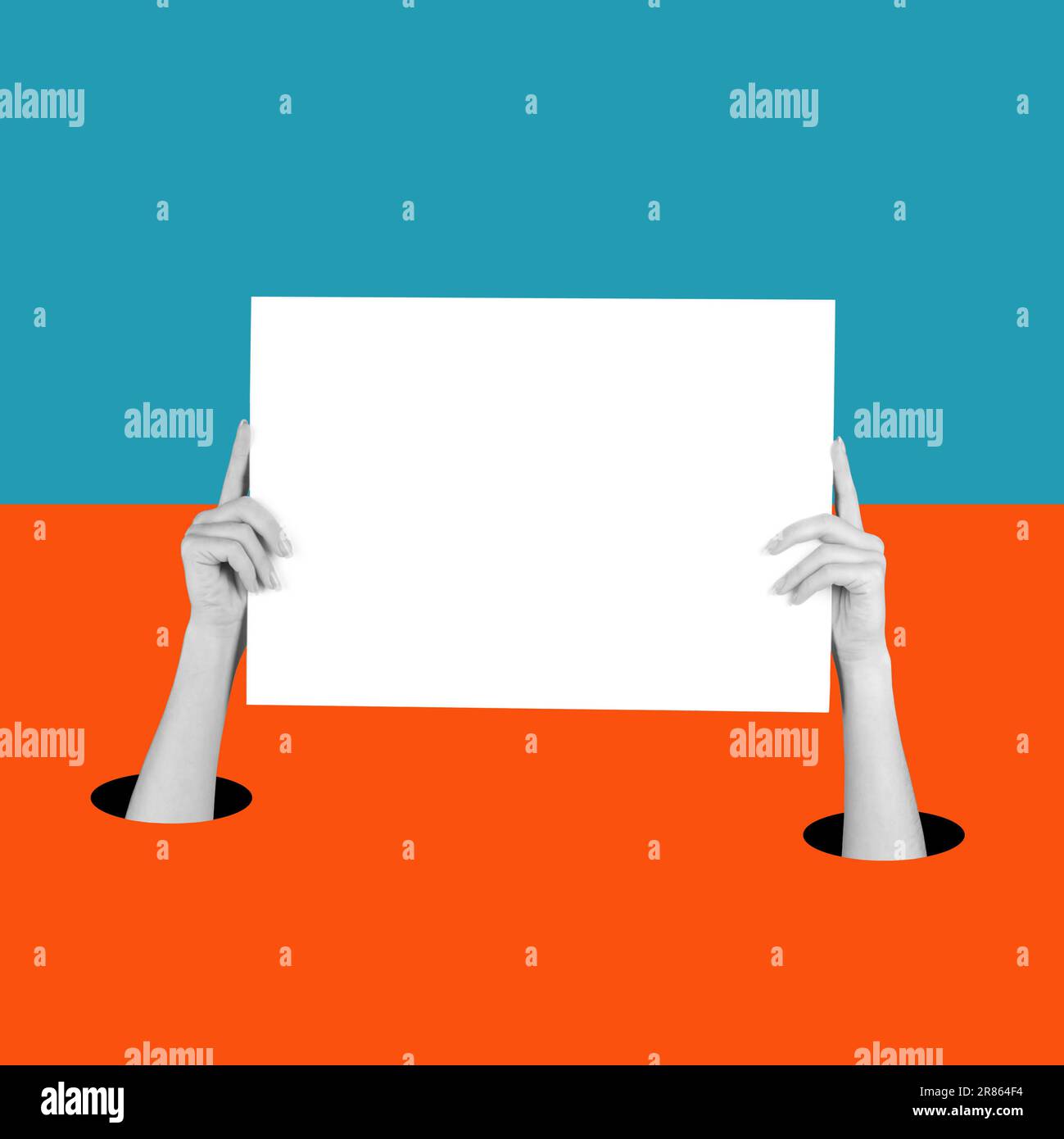 Modern art collage with human hands holding paper for advertising and ...