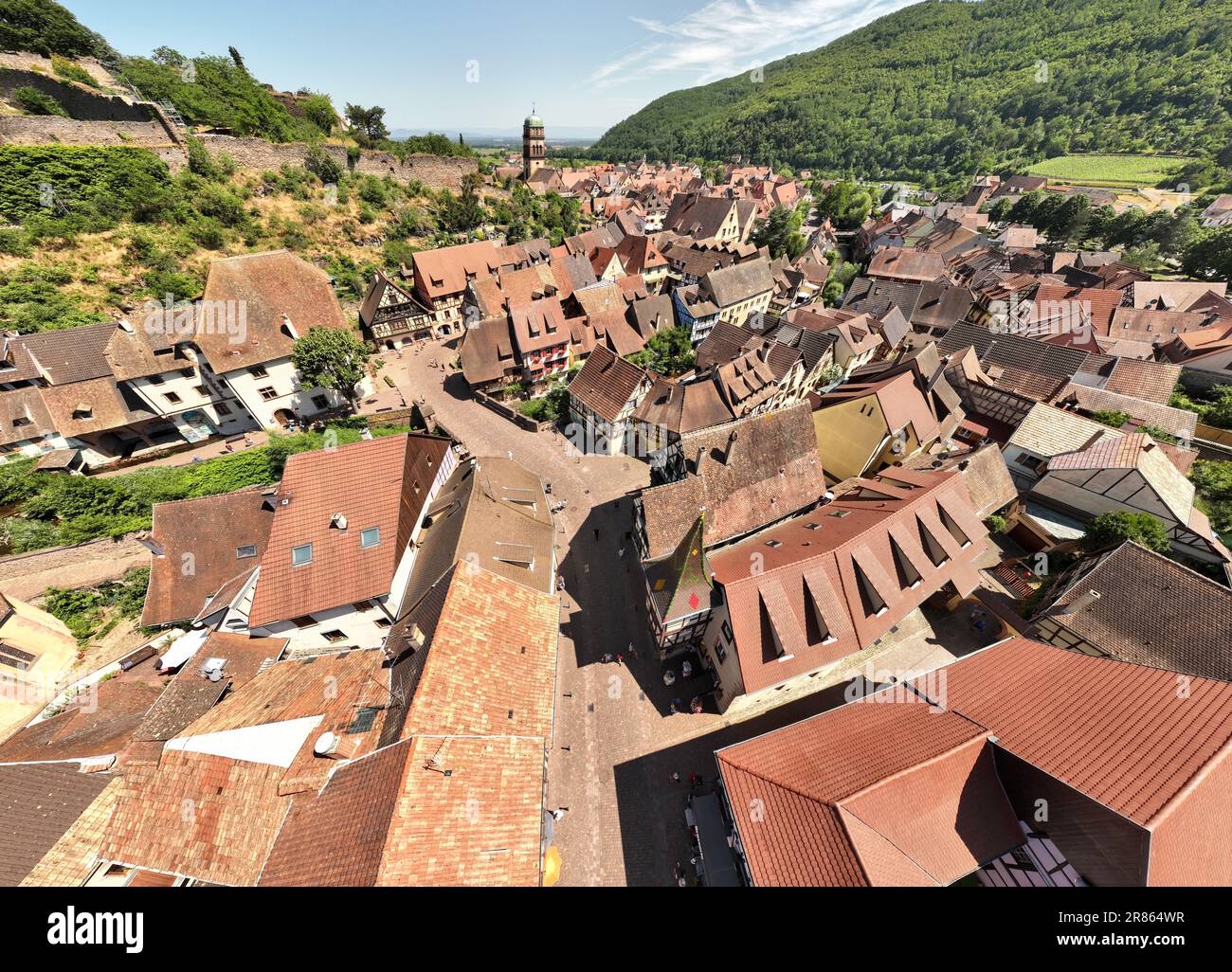 Aerial Drone Shot of the Streets in village of Kaysersberg in Alsace in ...