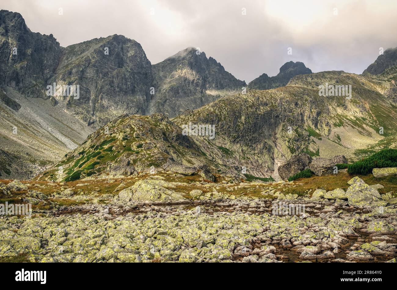 Mountain cloudy landscape in Slovak mountains. Beautiful valley and ...