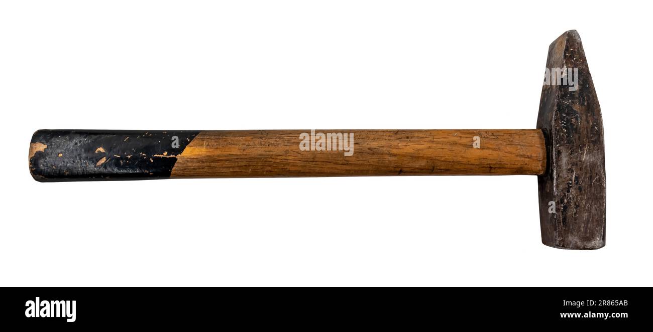 Hammer with a wooden handle with chips and scuffs on a white background ...