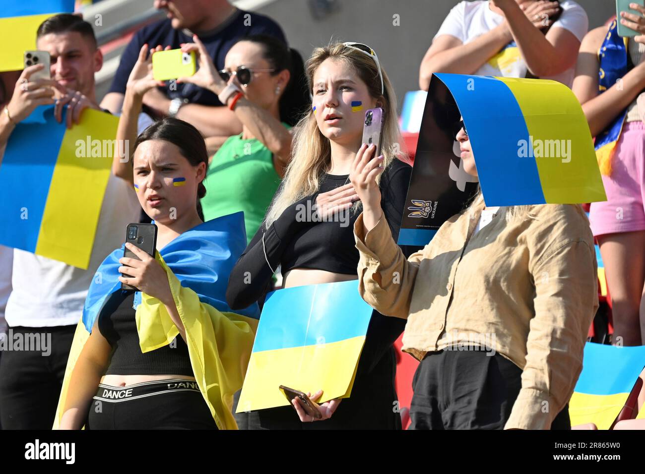 Ukraine fans sing their national anthem prior to the Euro 2024 group C ...