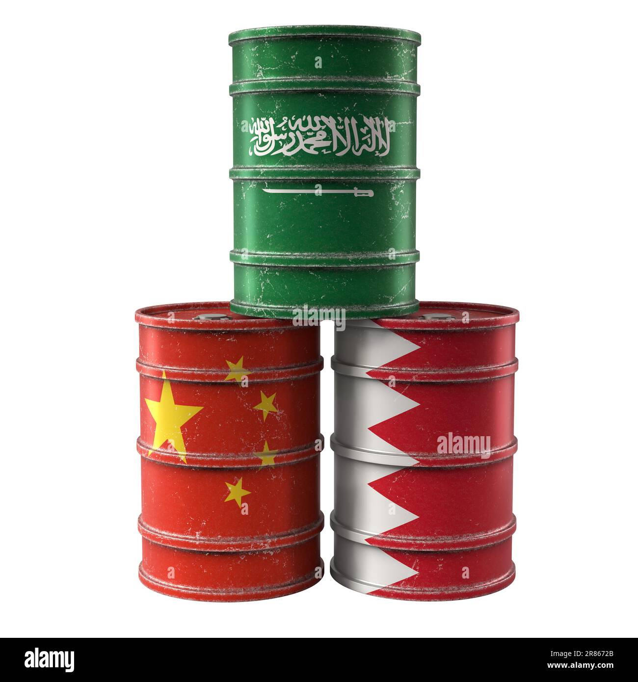 Old Oil Drums with Saudi Arabia, China and Bahrain national flags. 3D ...