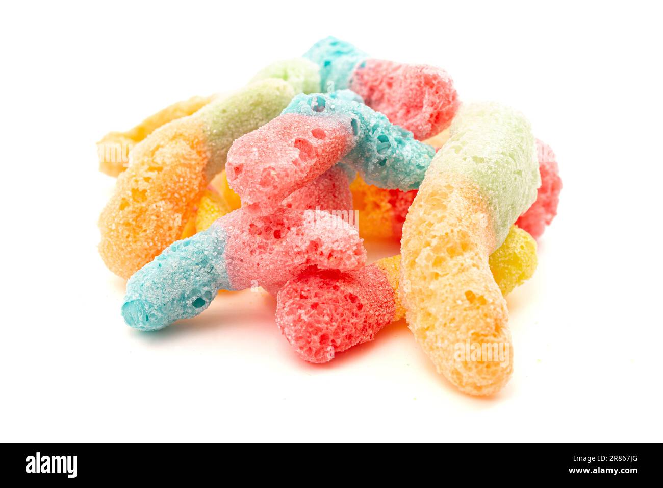 Freeze Dried Bicolored Candy Sour Worms Isolated on a White Background ...
