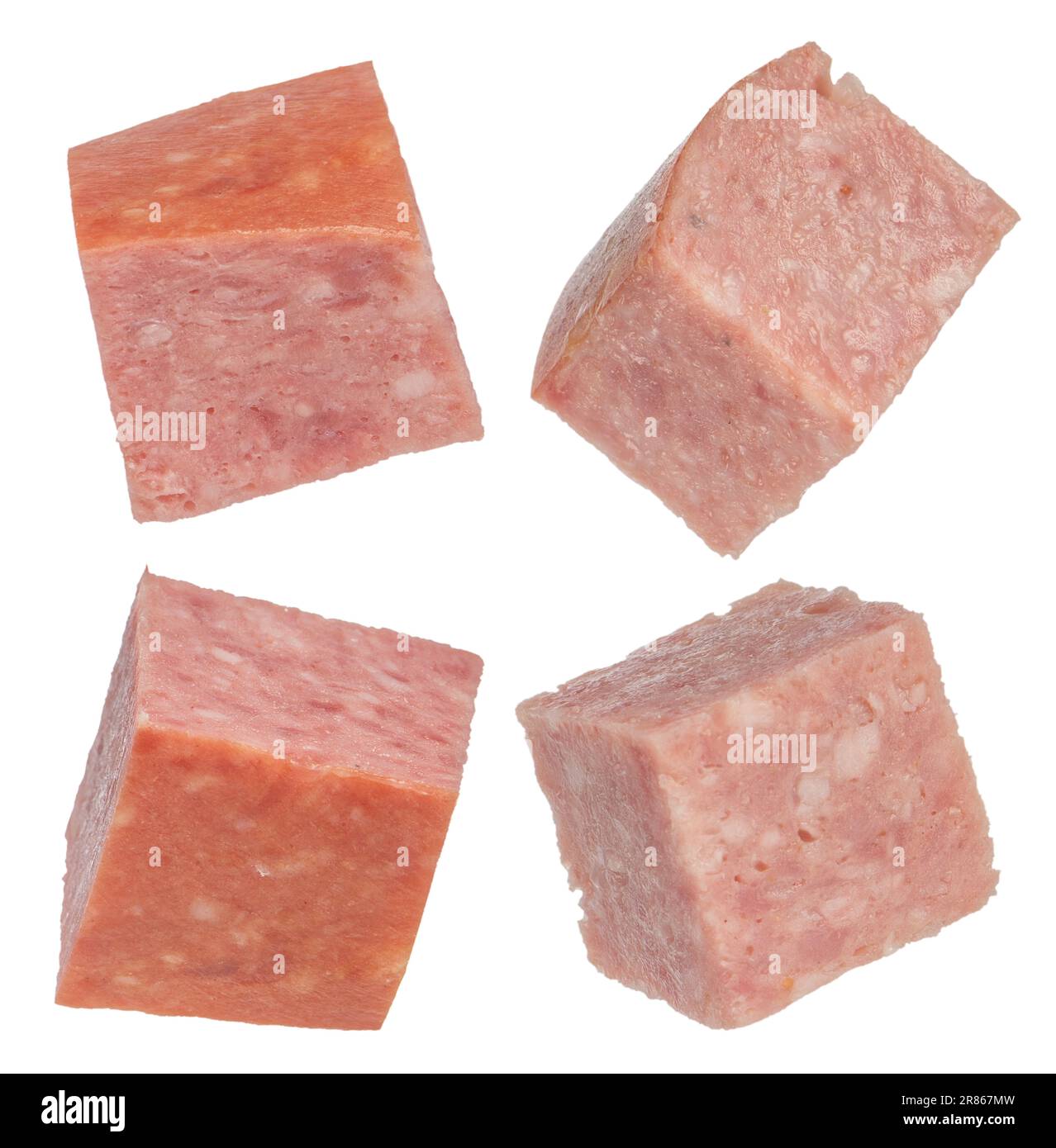 Smoked sausage isolate cut into squares. Salami sausage cubes on a ...