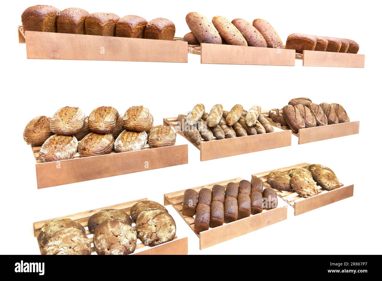 Fresh bread on shelves in a bakery isolate white background Stock Photo ...