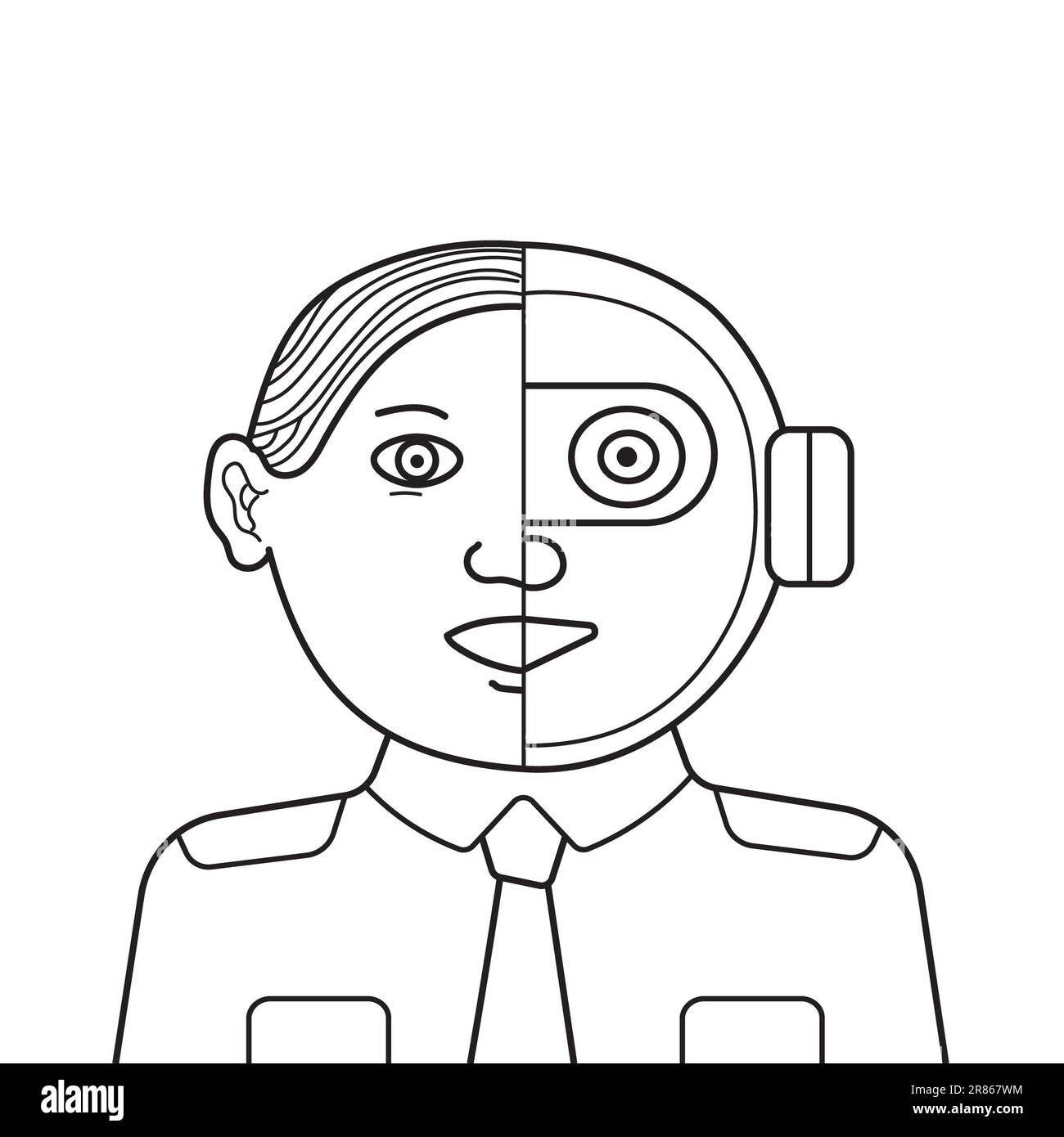 A cyborg face in office worker uniform talking with artificial ...