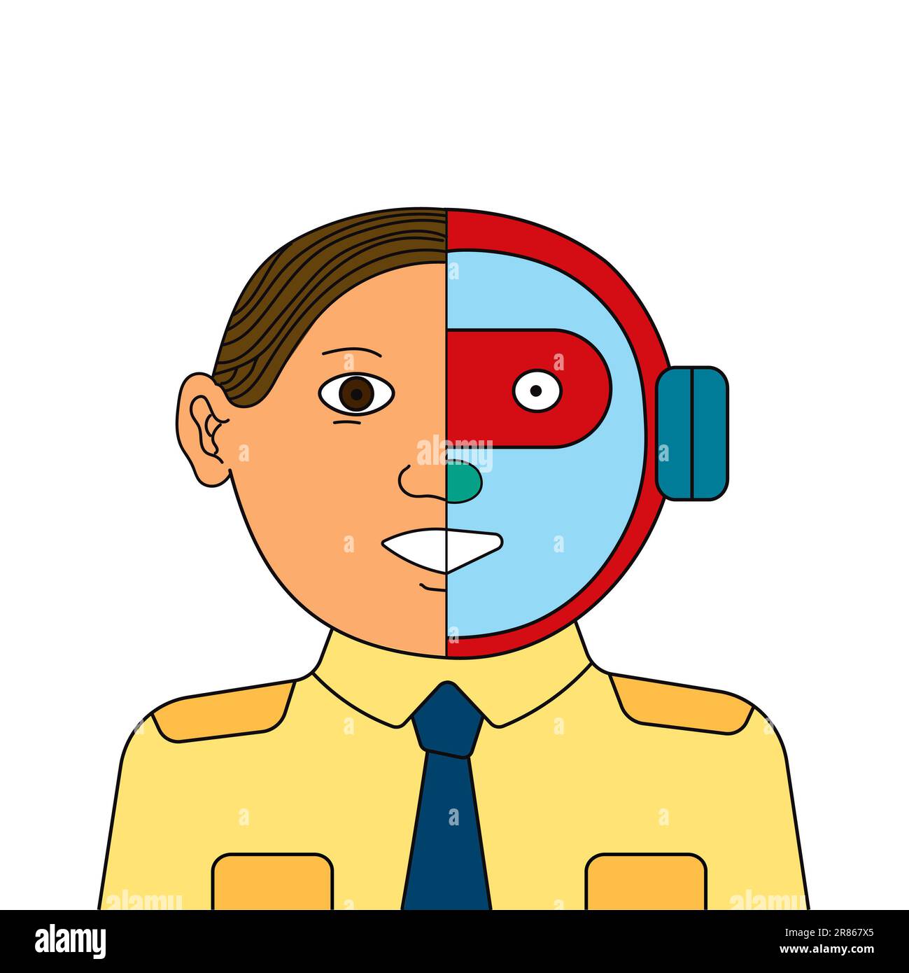 A cyborg face in office worker uniform talking with artificial ...