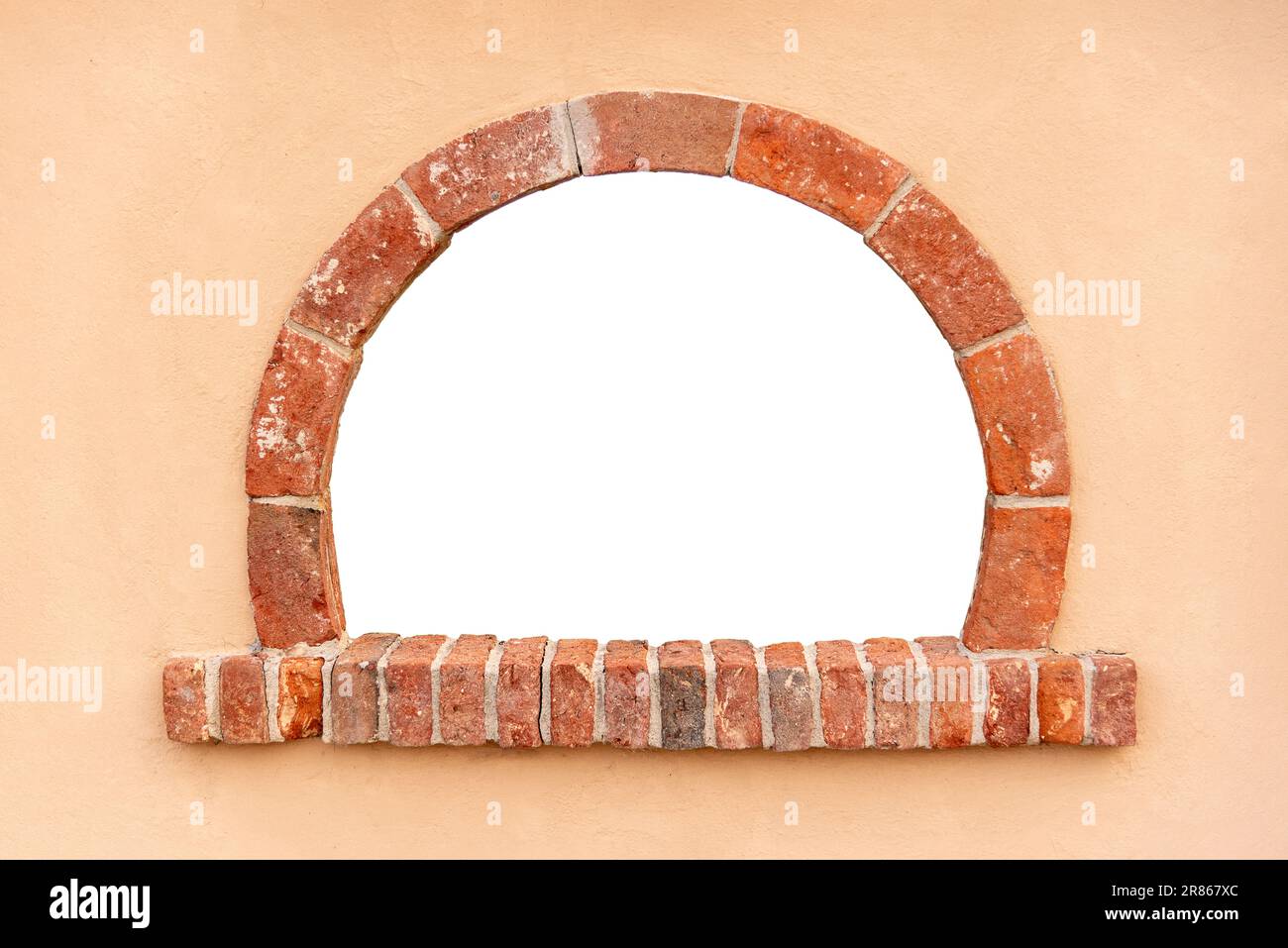Antique brick arch window on plastered wall. Elements of architectural ...