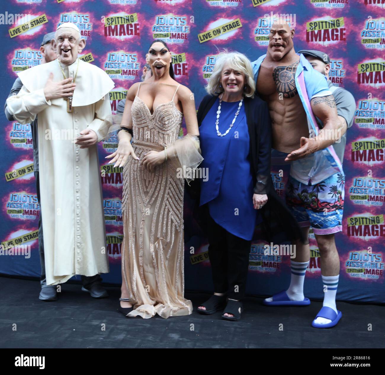 London, UK. Alison Steadman with puppets of Pope Francis, Kim ...