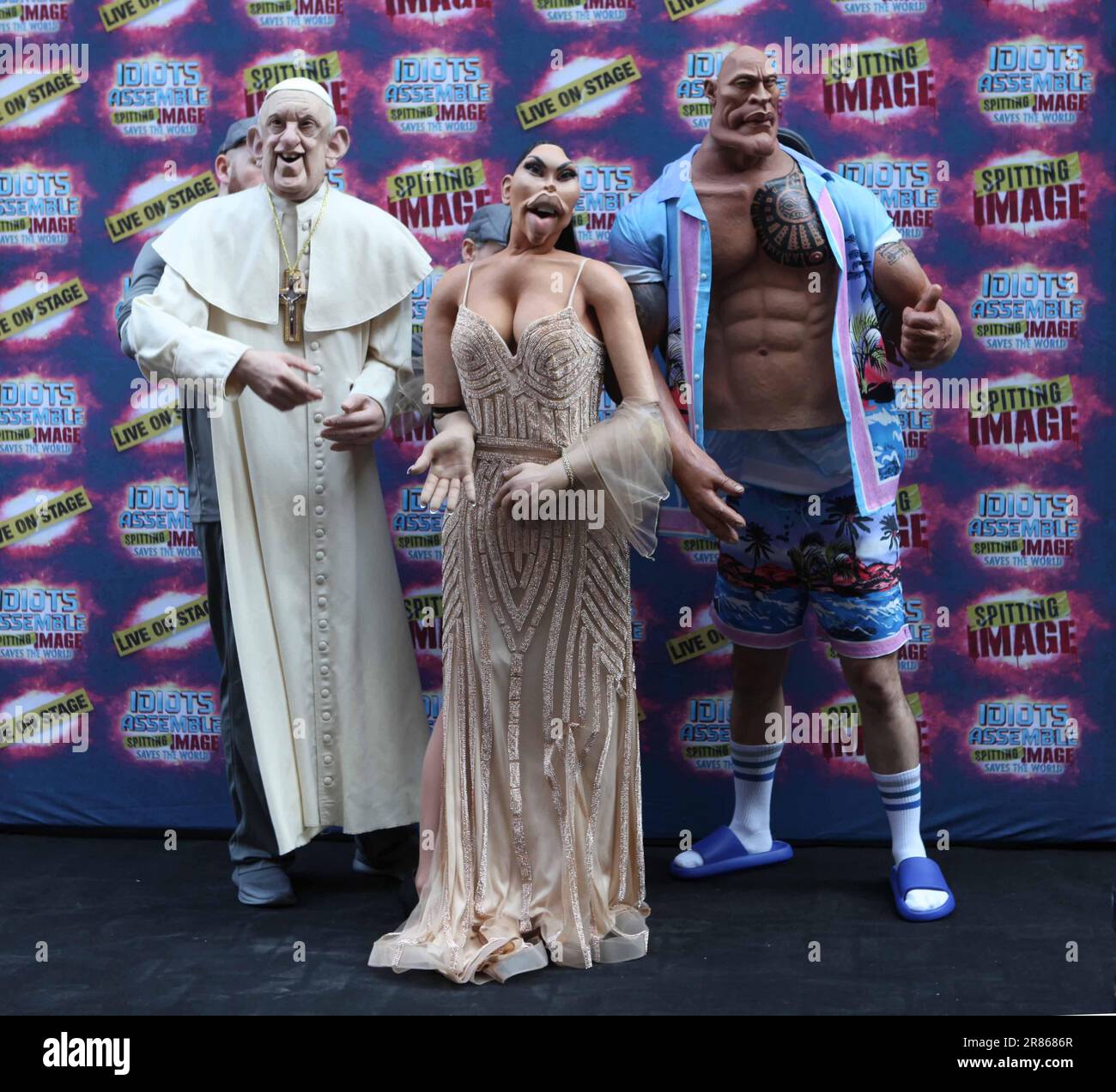 London, UK. Puppets of Pope Francis, Kim Kardashian and Dwayne Johnson ...
