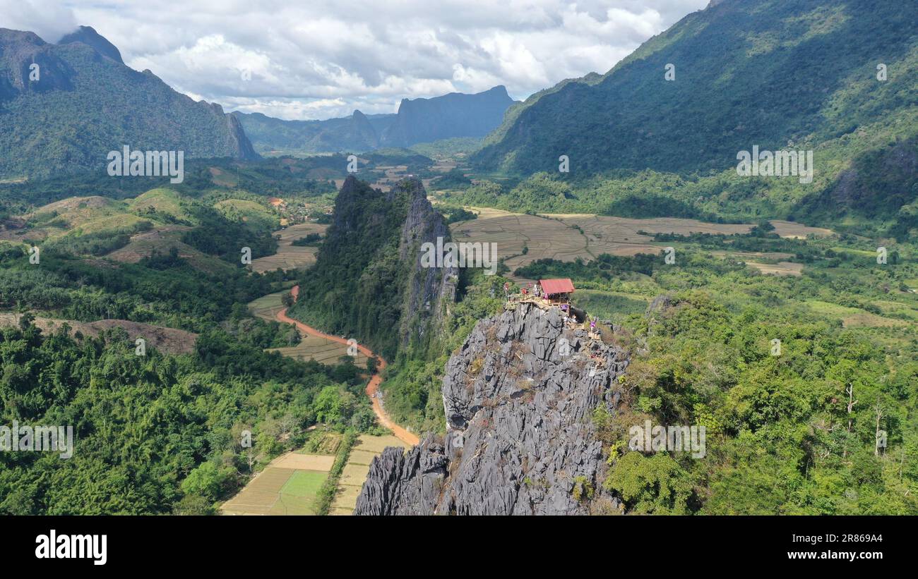 Beautiful aerial shot of the Nam Xay Viewpoint in Vang Vieng Laos Stock ...