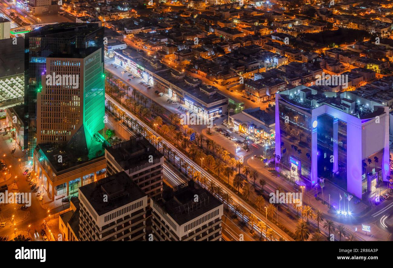 Night panorama with modern buildings, Al Olaya business district of Riyadh city, Al Riyadh ...
