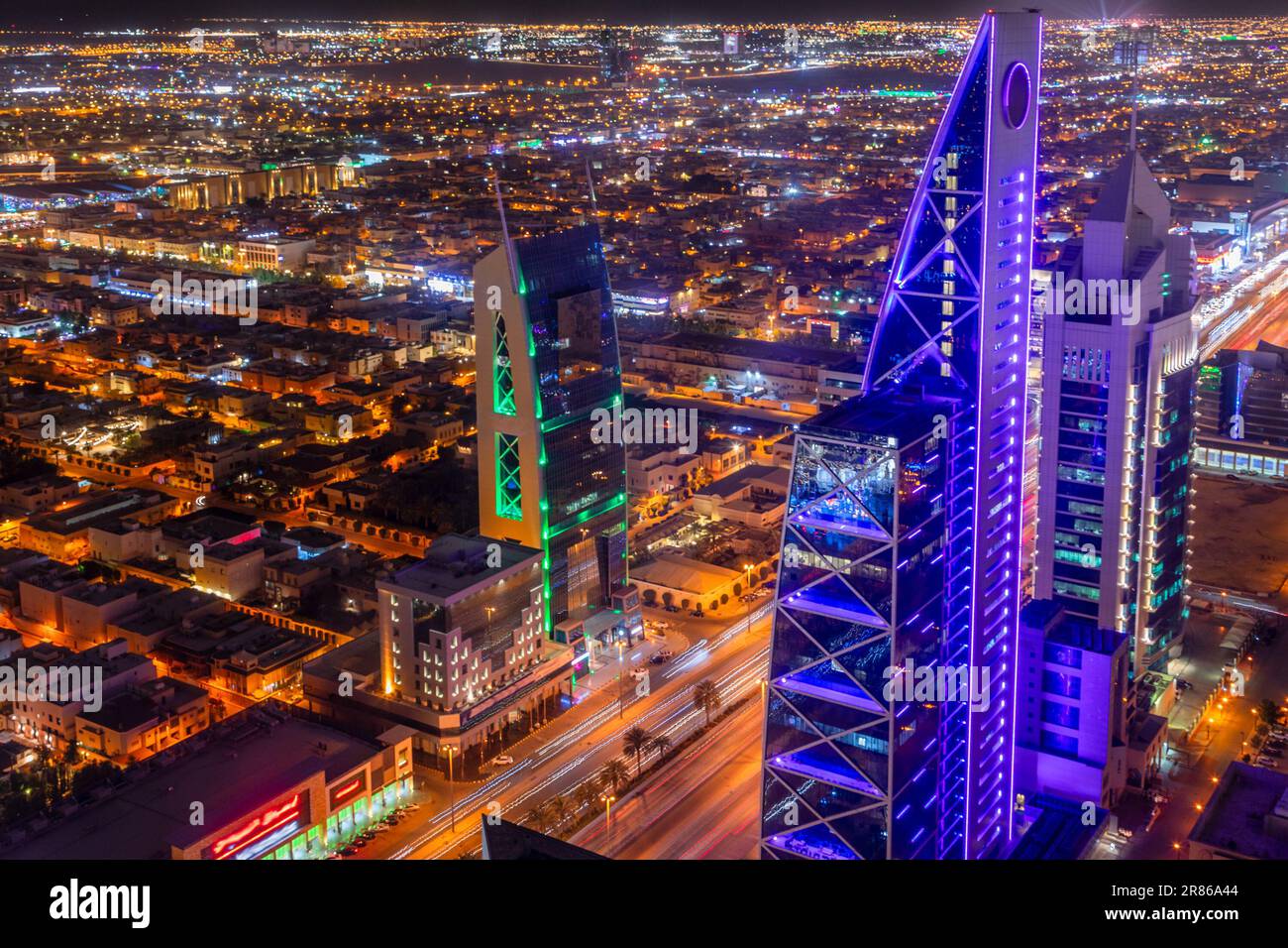 Night panorama with modern buildings, Al Olaya business district of Riyadh city, Al Riyadh ...