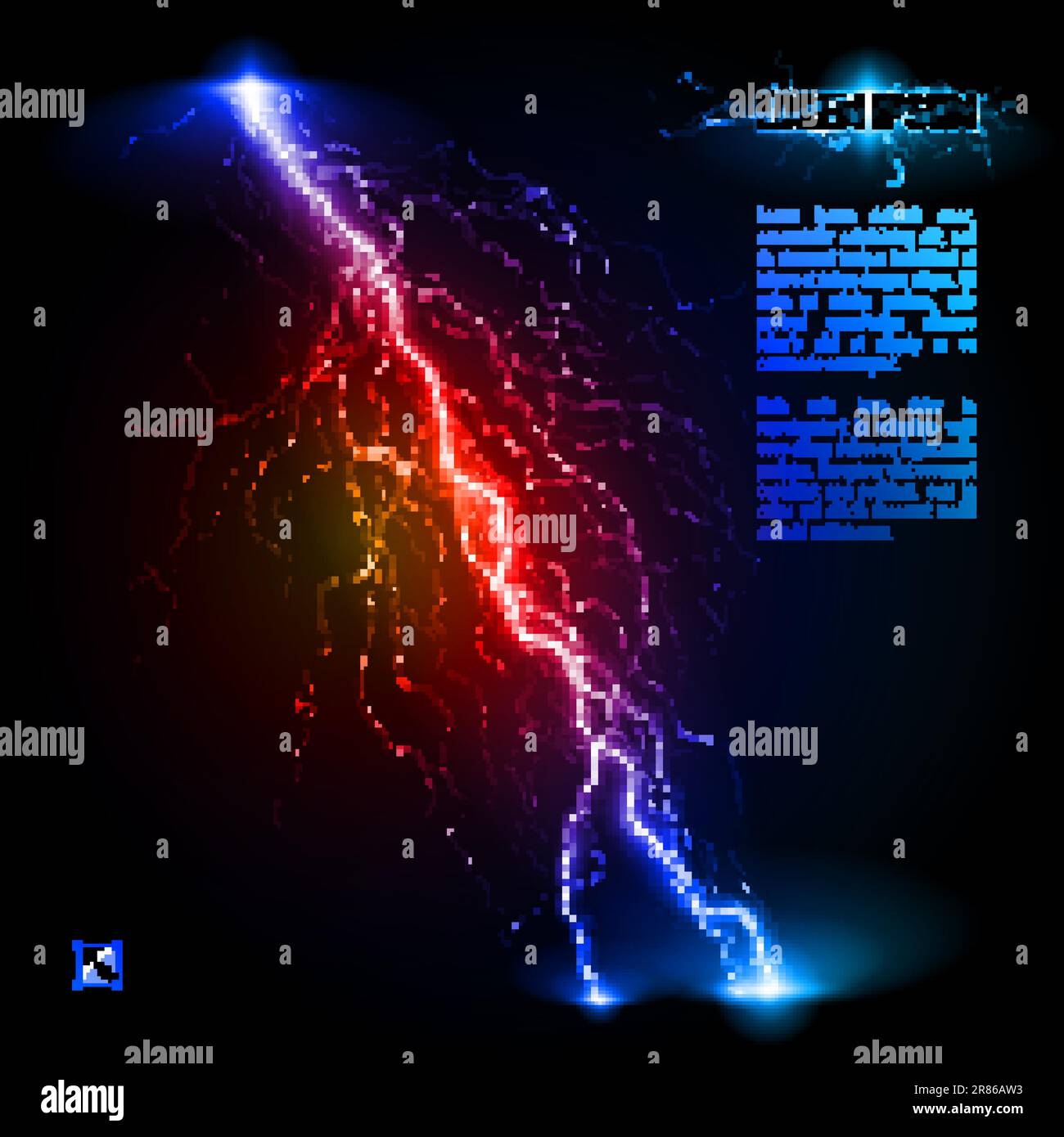 Blue and red oblique branchy lightning line. Illustration with space ...