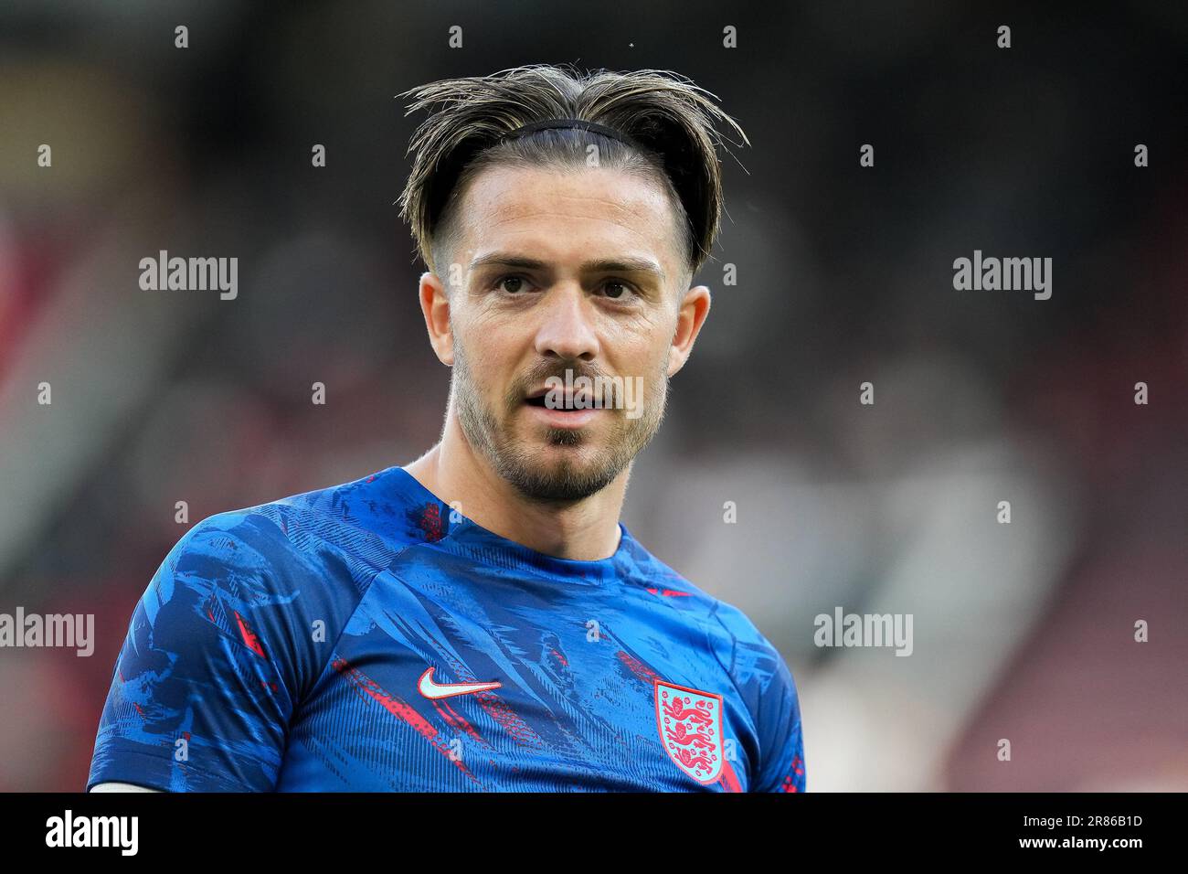 Manchester, UK. 19th June, 2023. Jack Grealish (17) of England warms up ...