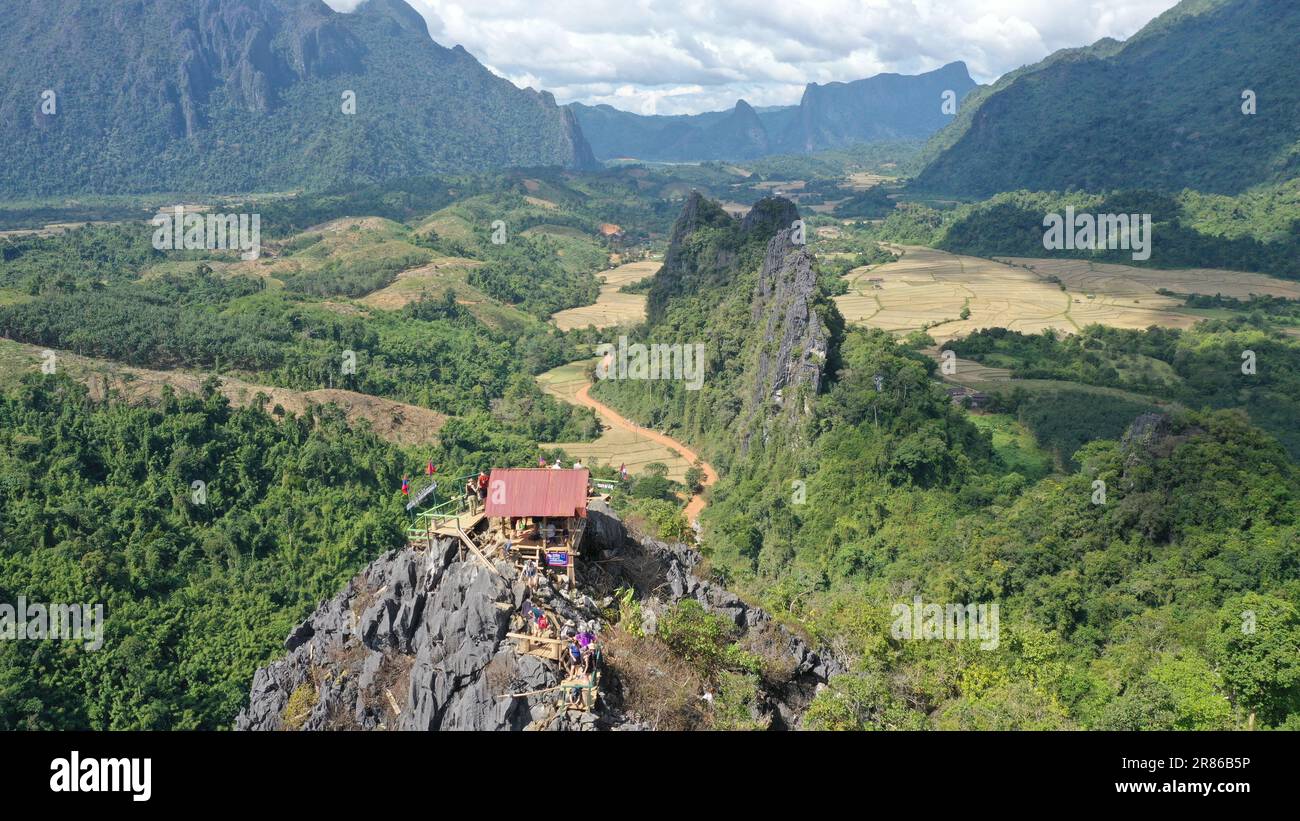Beautiful aerial shot of the Nam Xay Viewpoint in Vang Vieng Laos Stock ...