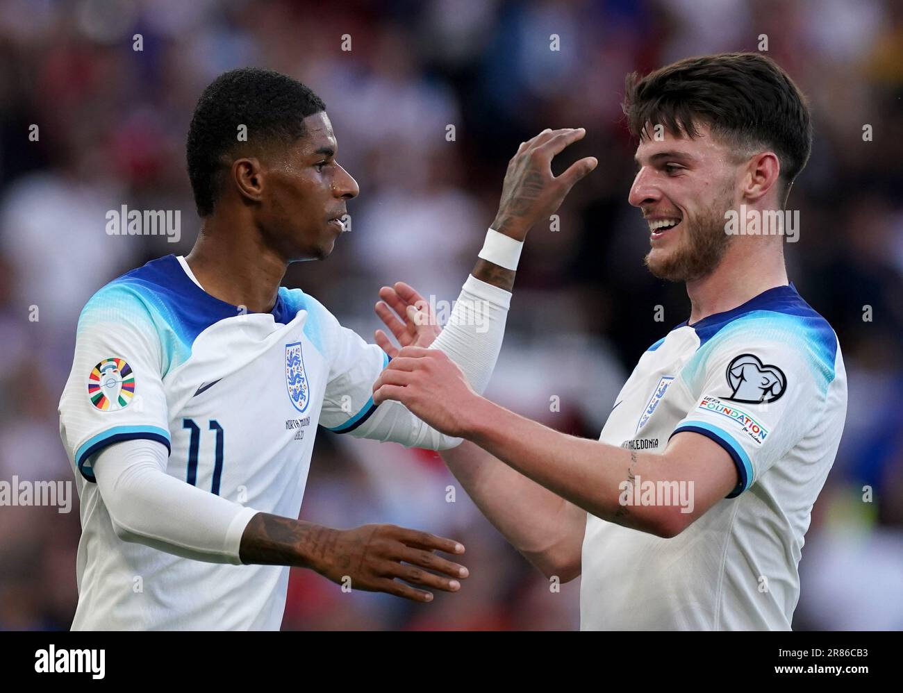 England's Marcus Rashford (left) celebrates with Declan Rice after ...