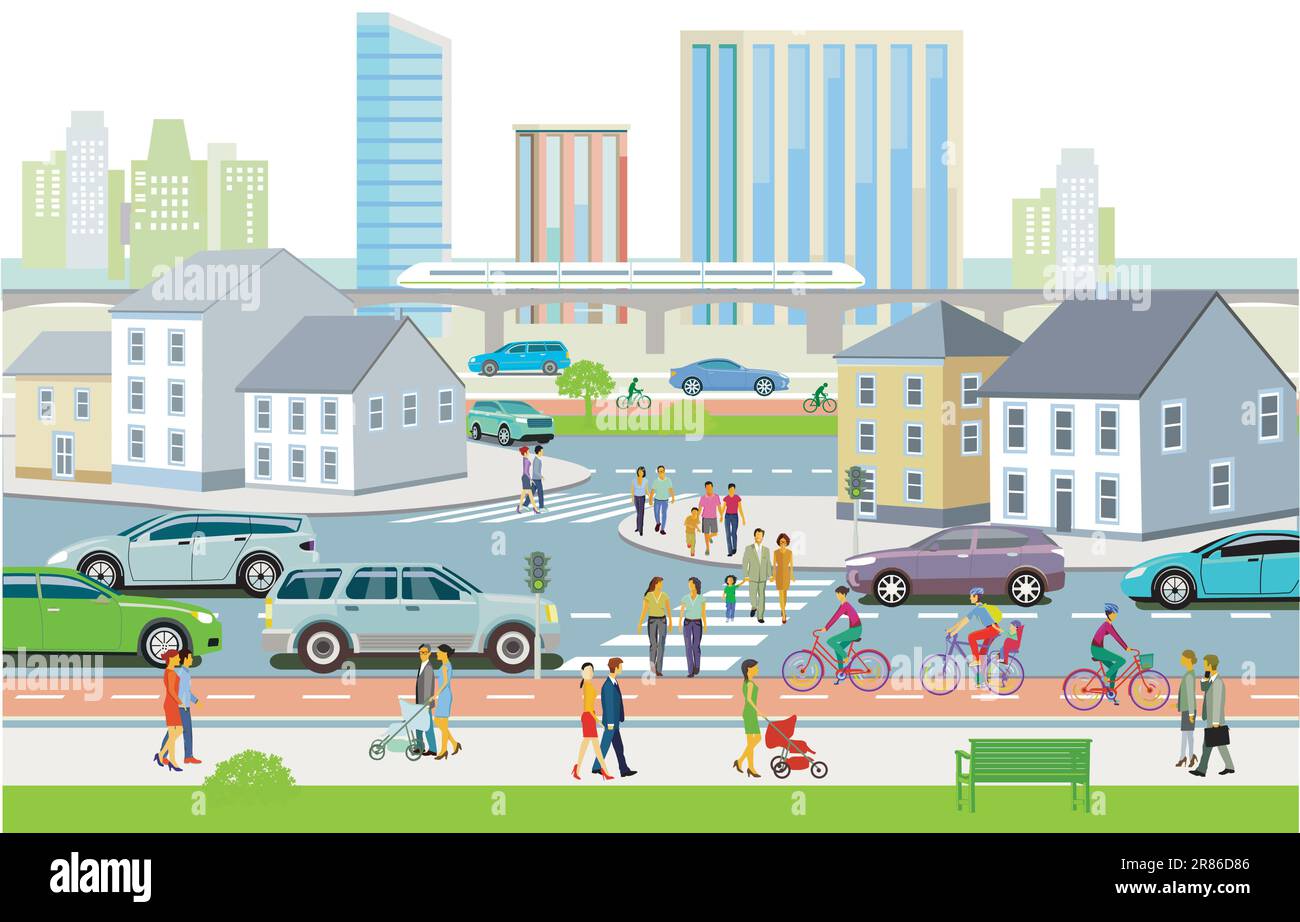 Urban silhouette of a city with traffic and pedestrians, illustration ...