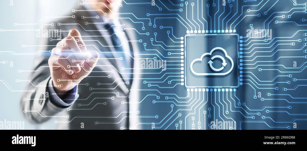 Cloud computing concept. Businessman clicking on virtual screen ... Cloud computing concept. Businessman clicking on virtual screen ...