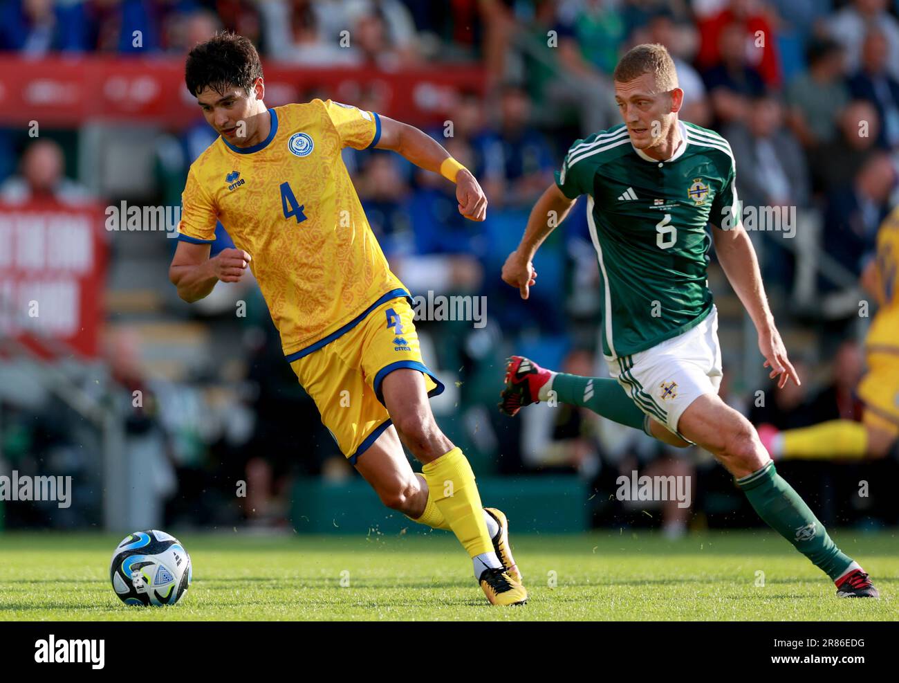 Kazakhstan’s Marat Bystrov and George Saville during the UEFA Euro 2024 ...