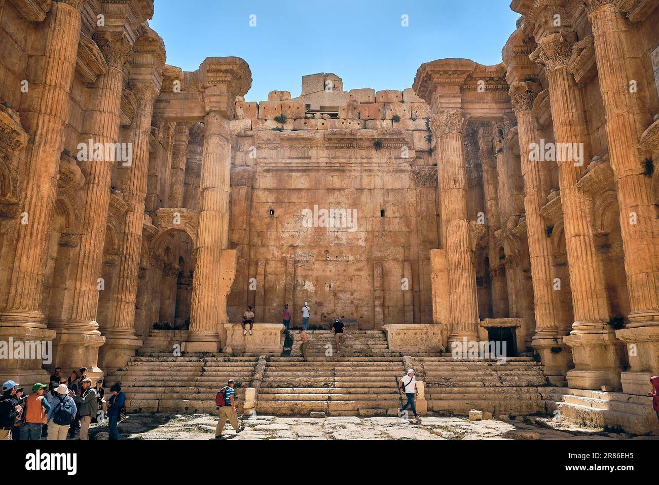 Tourists inside of Roman temple of Bacchus in Baalbek, Beqaa valley ...