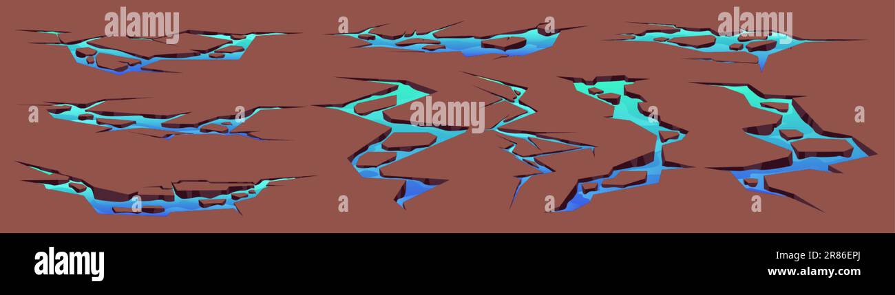 Cartoon set of drought land cracks with blue water inside. Vector ...