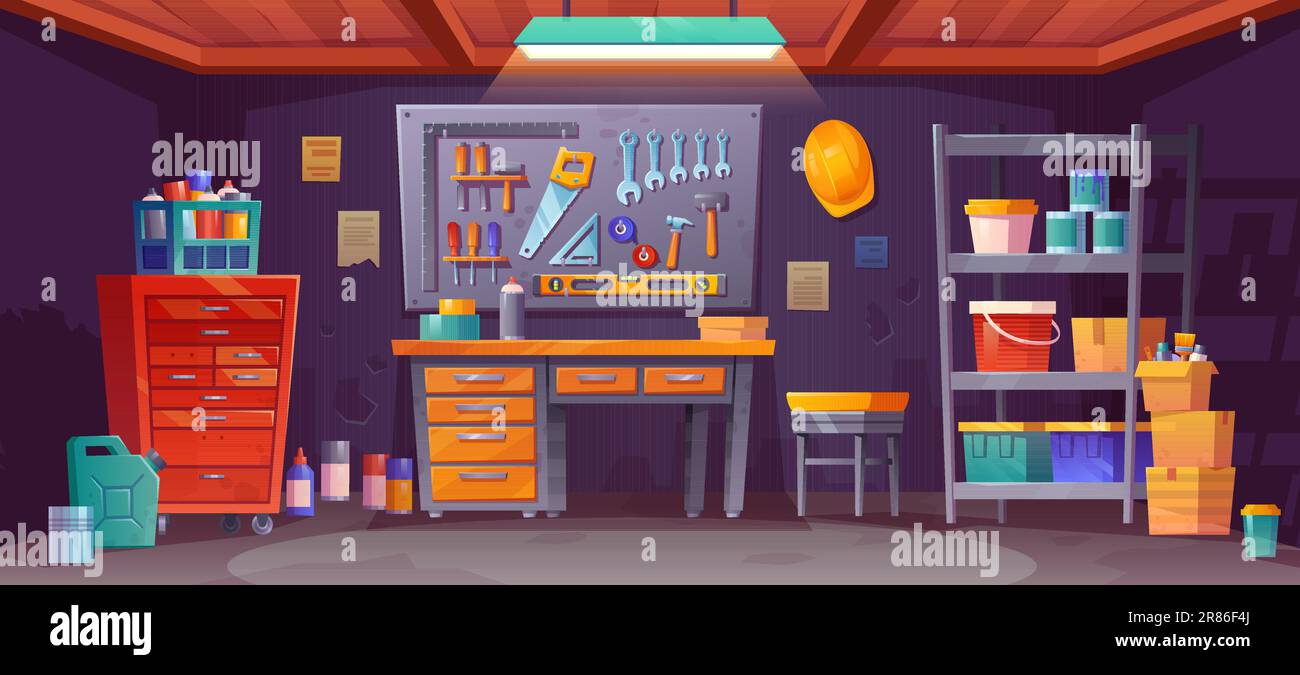 Night workshop interior in garage storage room with tool shelf and lamp ...