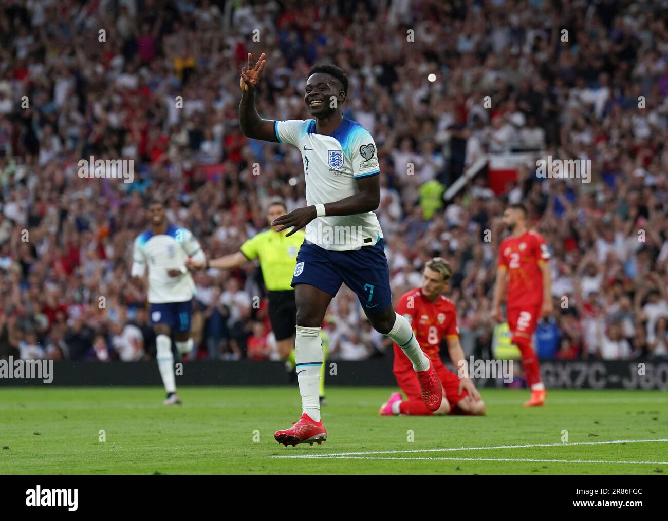 England's Bukayo Saka celebrates scoring their side's fifth goal of the ...