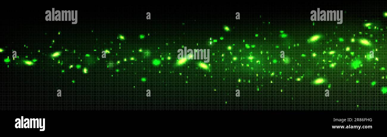 Green fireflies glowing on dark transparent background. Vector ...